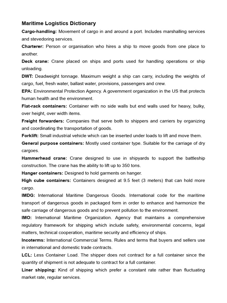 Maritime Logistics Glossary | PDF | Cargo | Containerization