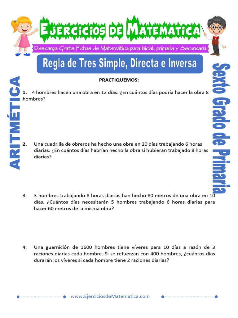 Ejercicios de Regla de Tres Simple Directa e Inversa para Sexto de Primaria | PDF