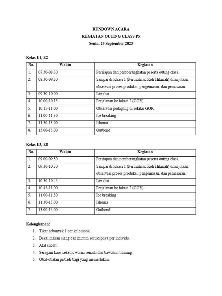 Rundown Acara Outing E1,2,3,8 PDF | PDF