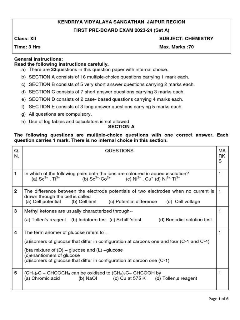 Chem Xii PB 1 QP Set A | PDF | Chemical Reactions | Coordination Complex