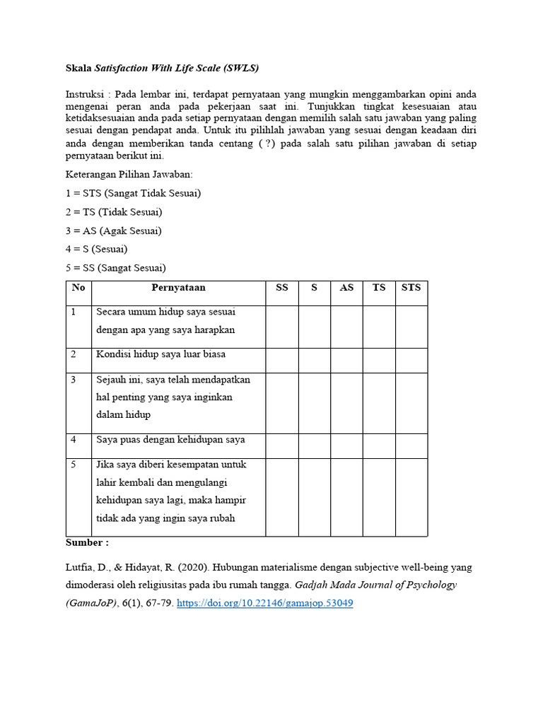 Skala Kepuasan Hidup (SWLS) | PDF | Pengembangan Diri