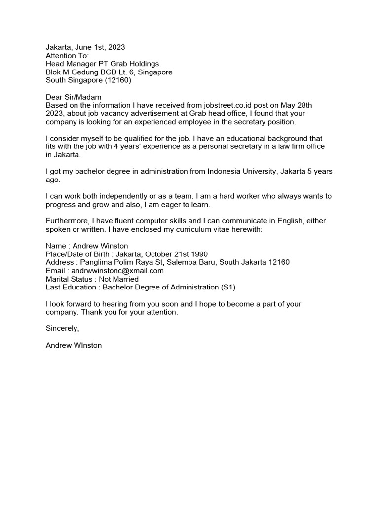 English Secretary Job Application Letter | PDF
