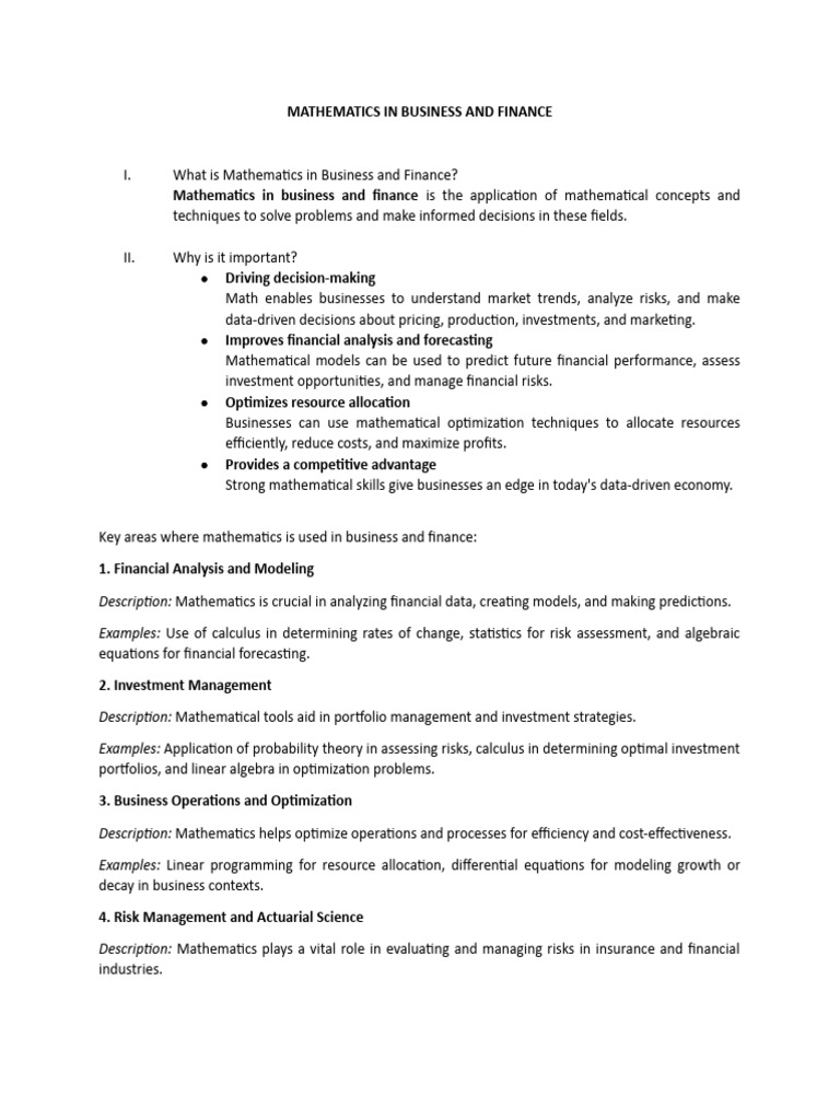 Mathematics in Business and Finance | PDF | Mathematics | Mathematical ...