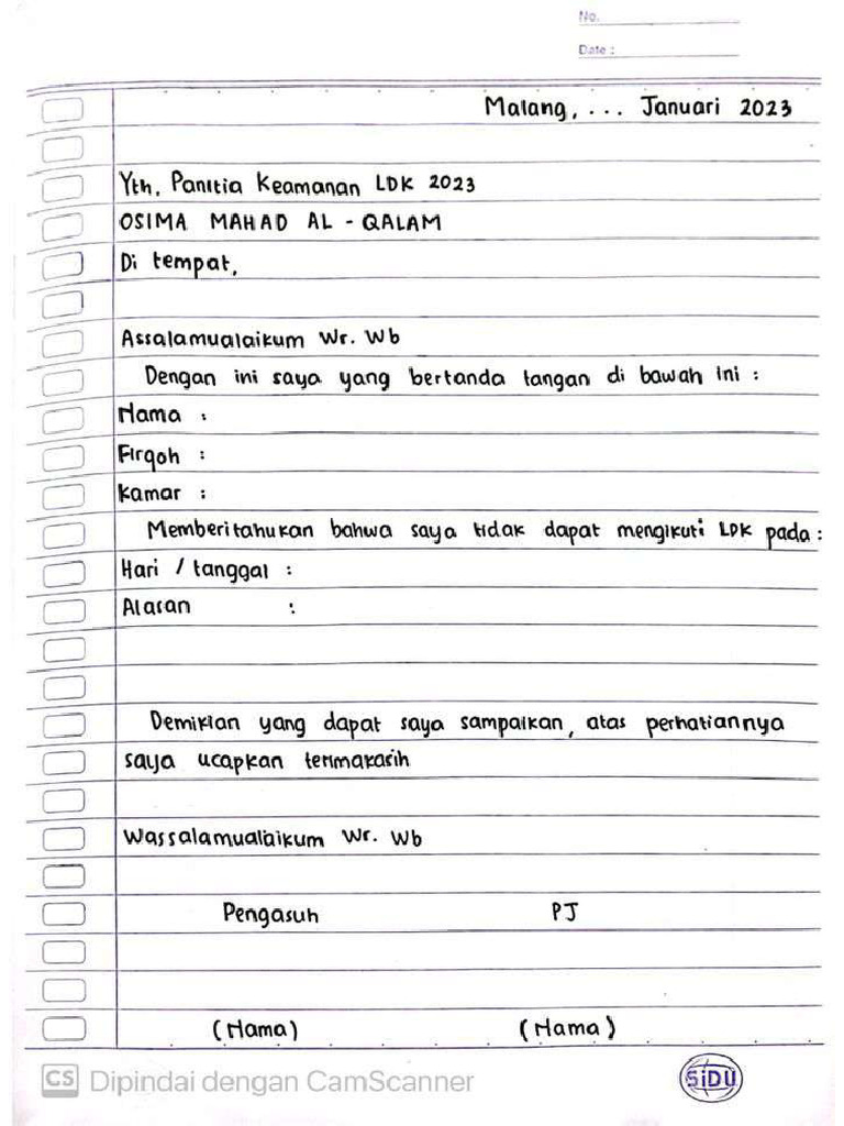 Surat Perizinan Tidak Mengikuti LDK | PDF
