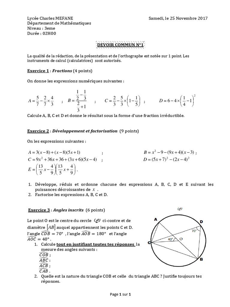 Devoir Commun 3emes | PDF