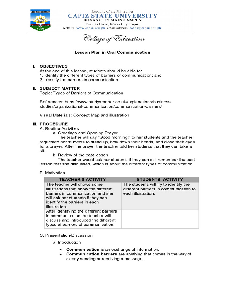 Lesson Plan in Oral Communication | PDF | Communication | Interpersonal ...