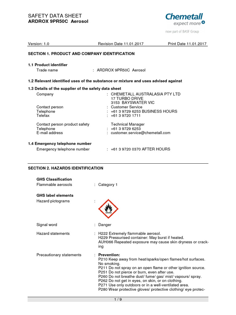 Ardrox 9PR50C Aerosol SDS 2017 | PDF