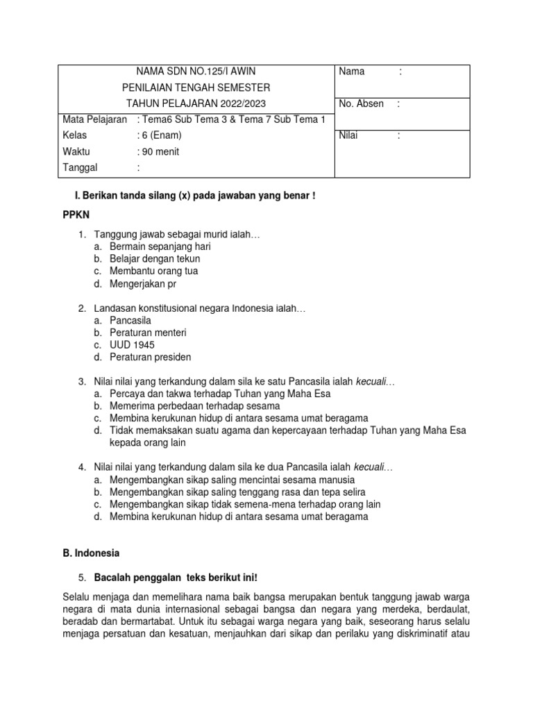 Soal PTS TEMATIK TEMA 6 SUB 3 DAN TEMA 7 SUB 1 Kelas 6 SMT 2 | PDF | Ilmu Sosial