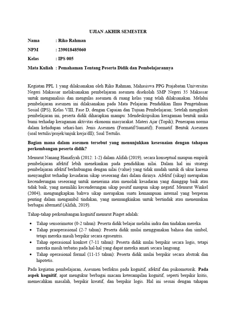 Riko Rahman - Uas - Pemahaman Tentang Peserta Didik Dan Pembelajarannya | PDF