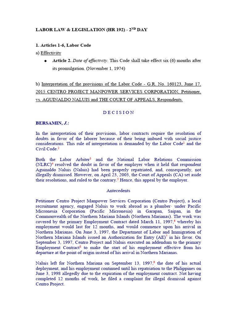 LABOR LAW - Articles 1-6 of The Labor Code, Interpretations of The ...
