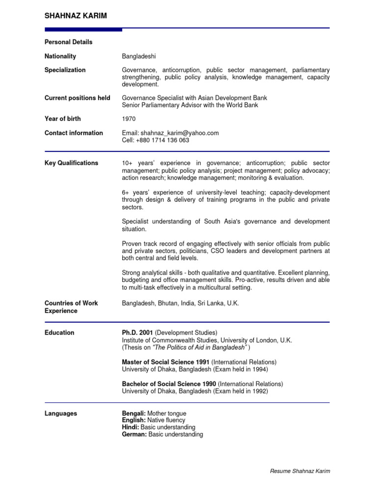 Shahnaz Karim: Governance Expert Resume | PDF | Governance | Capacity Building