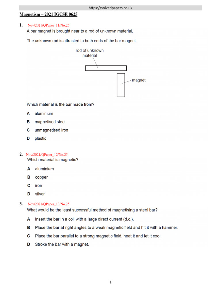 IGCSE Magnetism Past Exam Questions | PDF