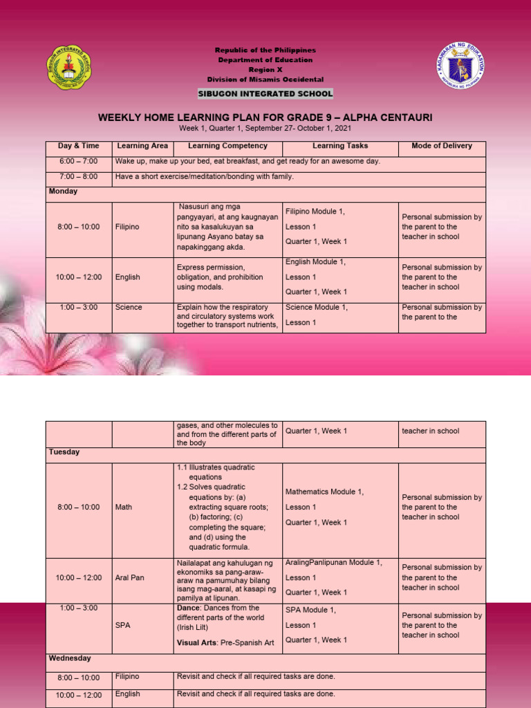 Aellin Weekly Home Learning Plan Q1 W1 | PDF | Mathematics