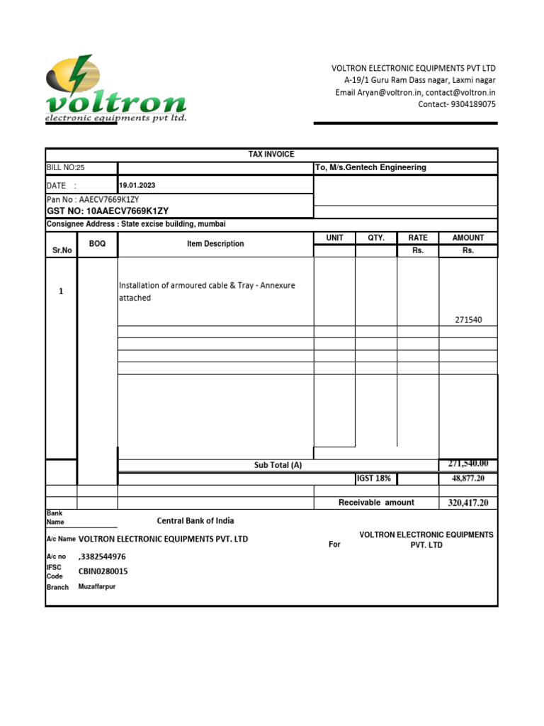 Tax Invoice for Armoured Cable Installation | PDF