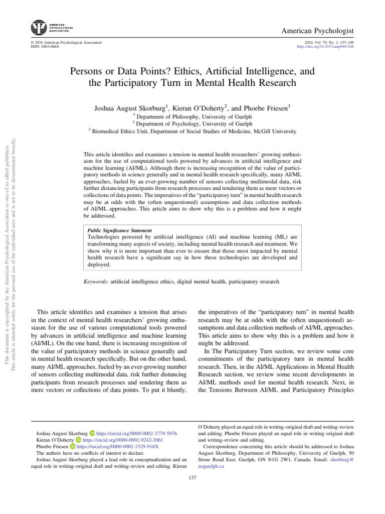 Persons or Data Points? Ethics, Arti Ficial Intelligence, and The ...
