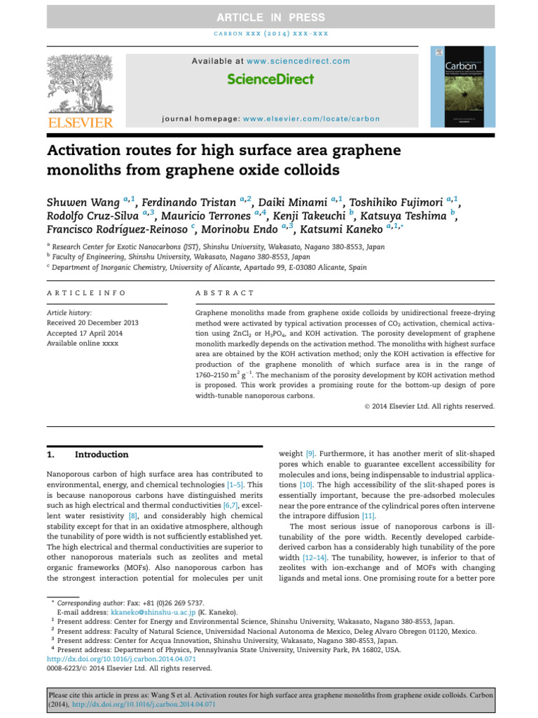 Activation Routes For High Surface Area Graphene Monoliths From ...