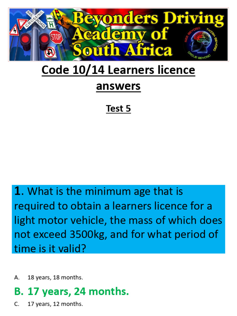 Code 10+14 Learners Licence Test 5 Answers.-1 - 075502 | PDF | Traffic ...