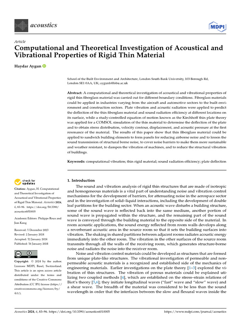 Computational And Theoretical Investigation Of Acoustical And Vibrational Properties Of Rigid