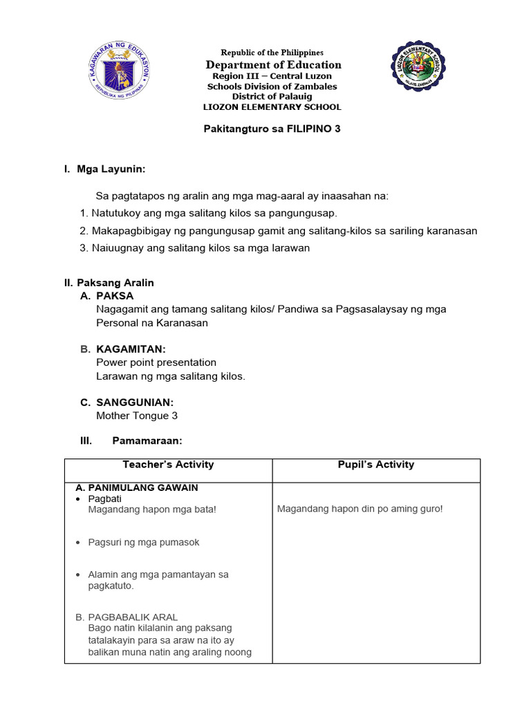 Cot 1 MTB Pandiwa Salitang Kilos | PDF