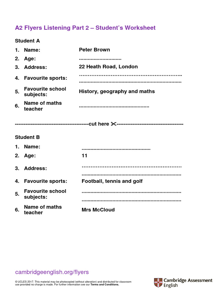 A2 Flyers Listening Worksheet | PDF