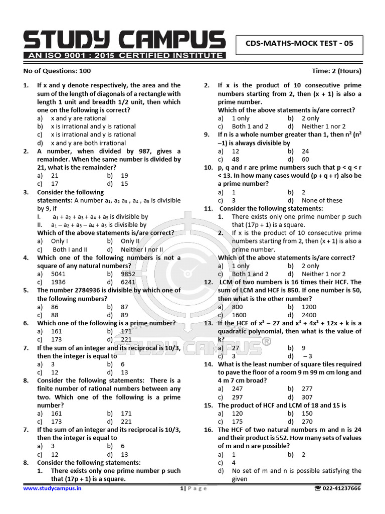 Cds Maths Mock | PDF | Numbers | Rational Number