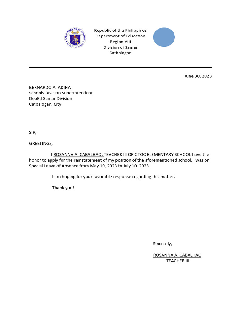 Letter of Intent for Reinstatement | PDF