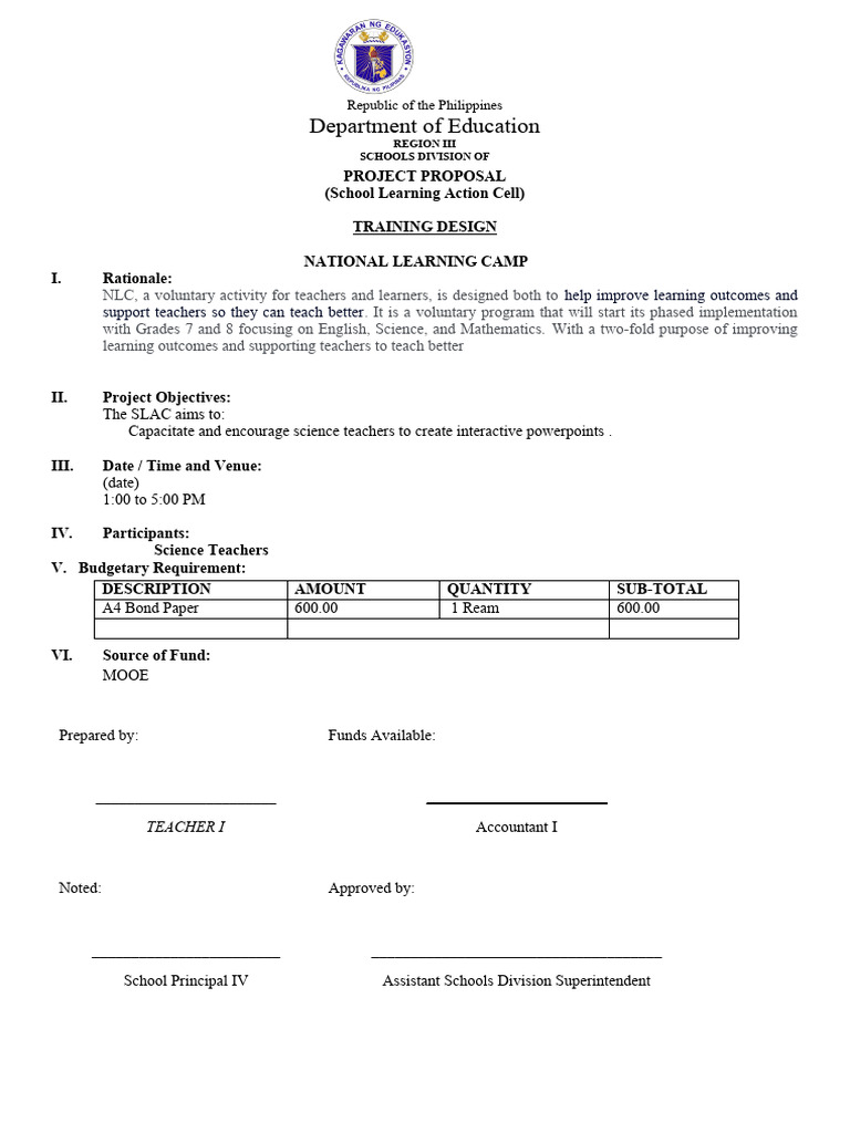 National Learning Camp - Lac Proposal | PDF | Teachers | Learning