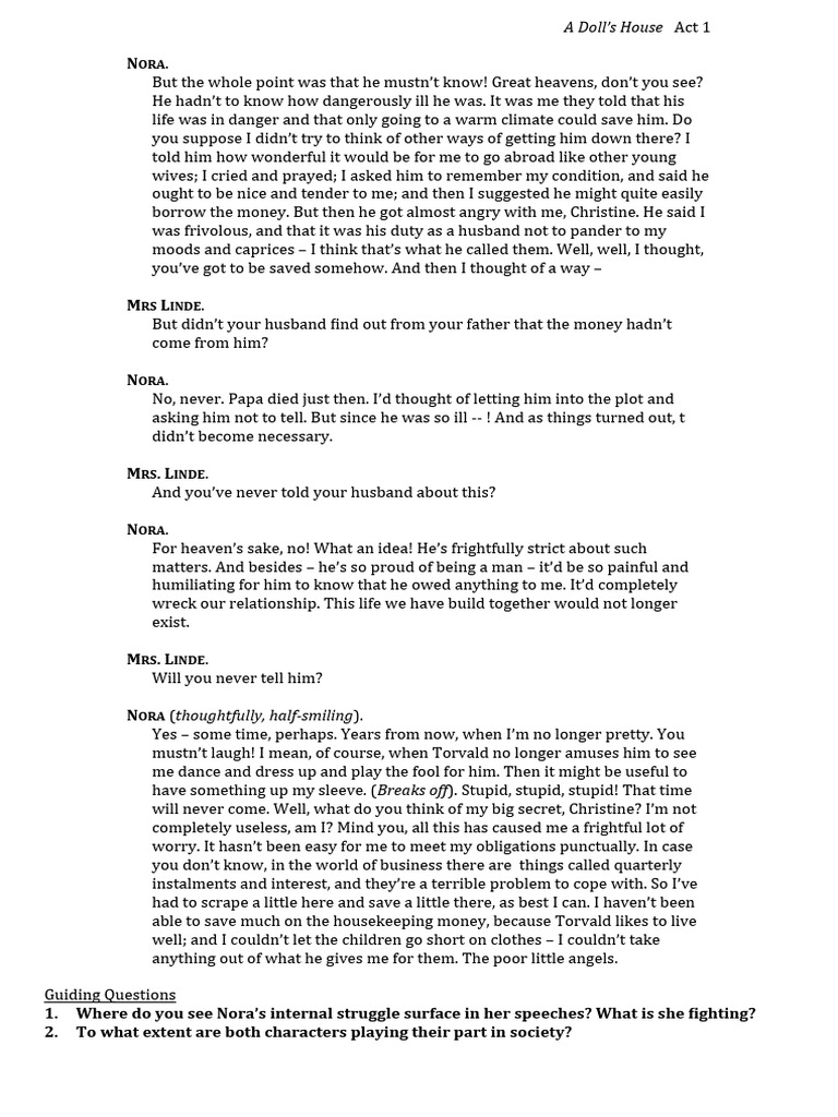 Act 1 Close Reading - Nora and Mrs Linde | PDF | A Doll's House