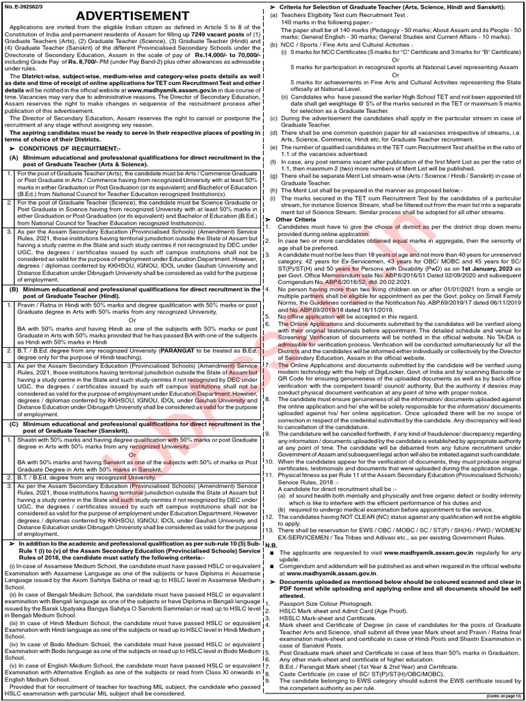 Assam High School Teacher Recruitment Notice | PDF | Postgraduate Education Assam High School Teacher Recruitment Notice | PDF | Postgraduate Education