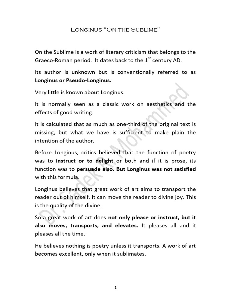 Longinus on the Sublime Explained | PDF