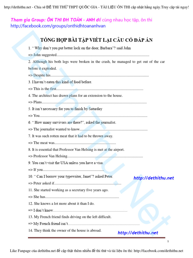 Bài Tập Viết Lại Câu Tiếng Anh | PDF | Home & Garden