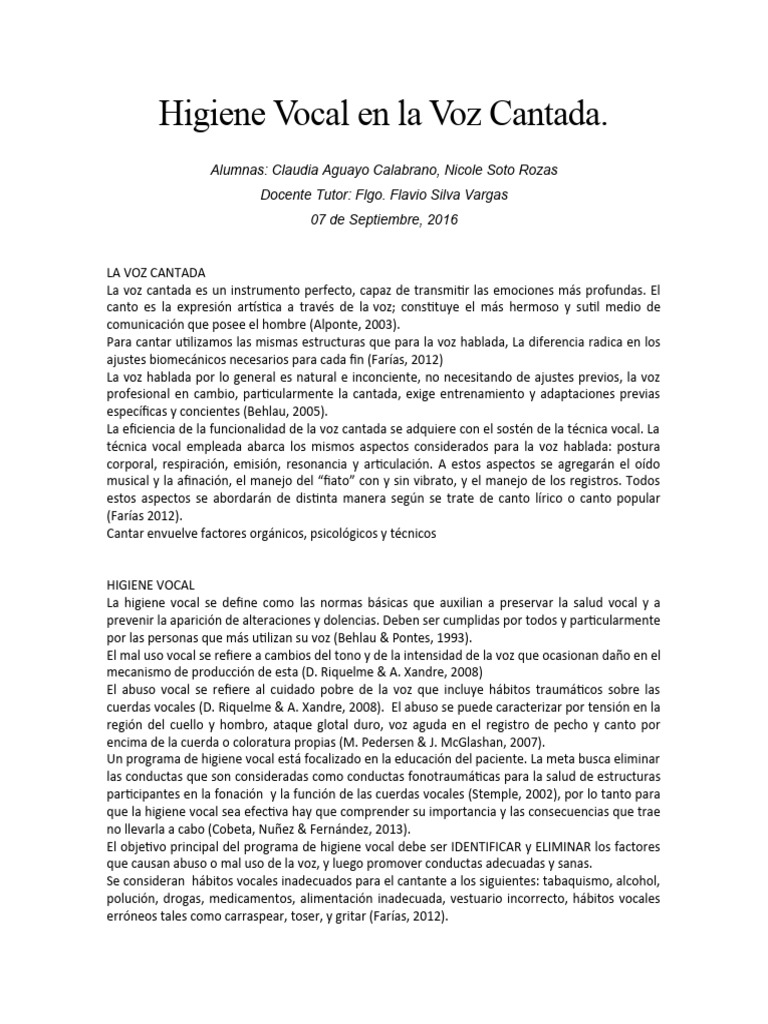 Higiene Vocal en Voz Cantada | PDF | La enfermedad por reflujo gastroesofágico | Canto