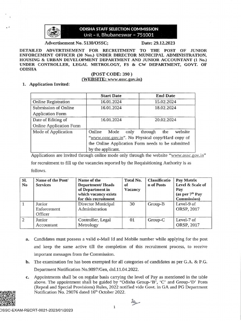 Detailed Notification OSSC Junior Enforcement Officer Recruitment 2024 ...