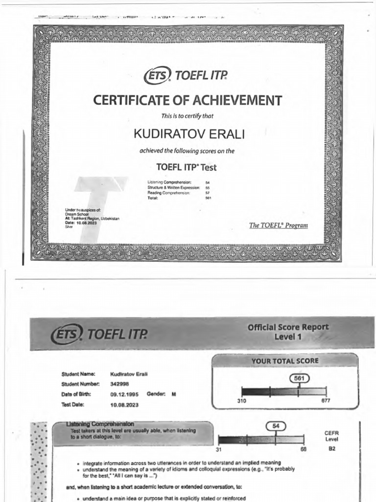 Erali Qudiratov TOEFL | PDF | Word | Test Of English As A Foreign Language