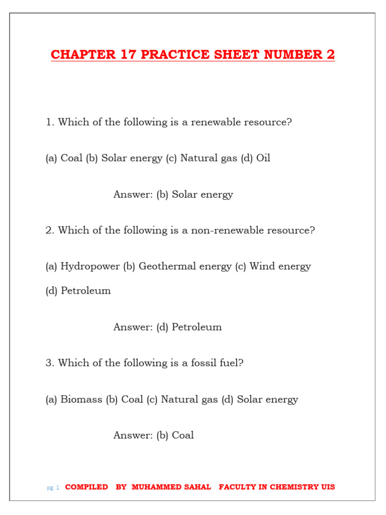 Chapter 17 Practice Sheet Number 2 | PDF | Renewable Energy | Energy Development
