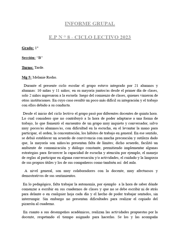 Informe Grupal - 1 B | PDF | Salón de clases | Comunicación humana
