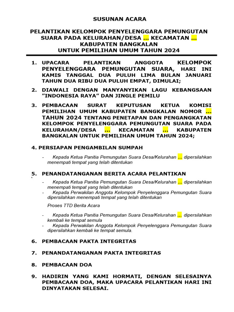 Format Susunan Acara Pelantikan KPPS | PDF