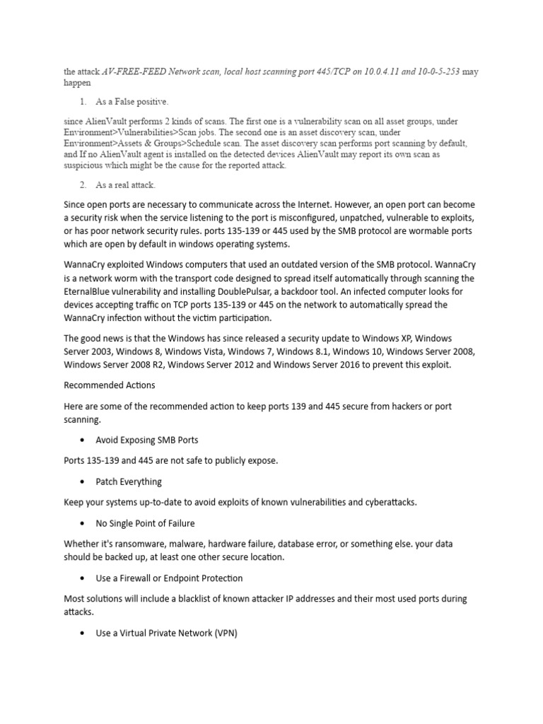 Analysis Report On Network Scan, Local Host Scanning Port 445 | PDF