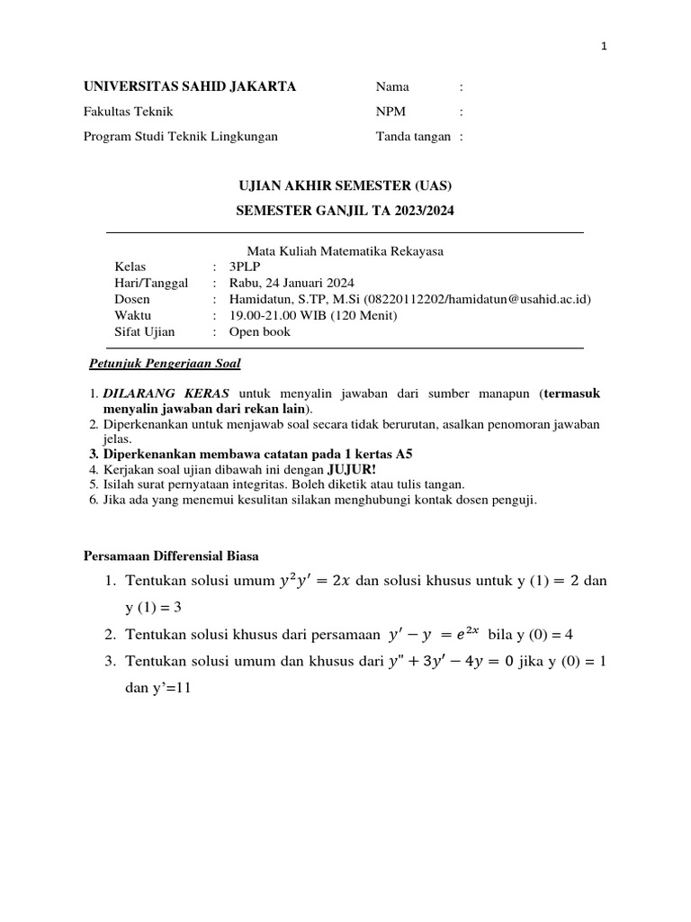 Soal Matematika Rekayasa 3 PLP | PDF