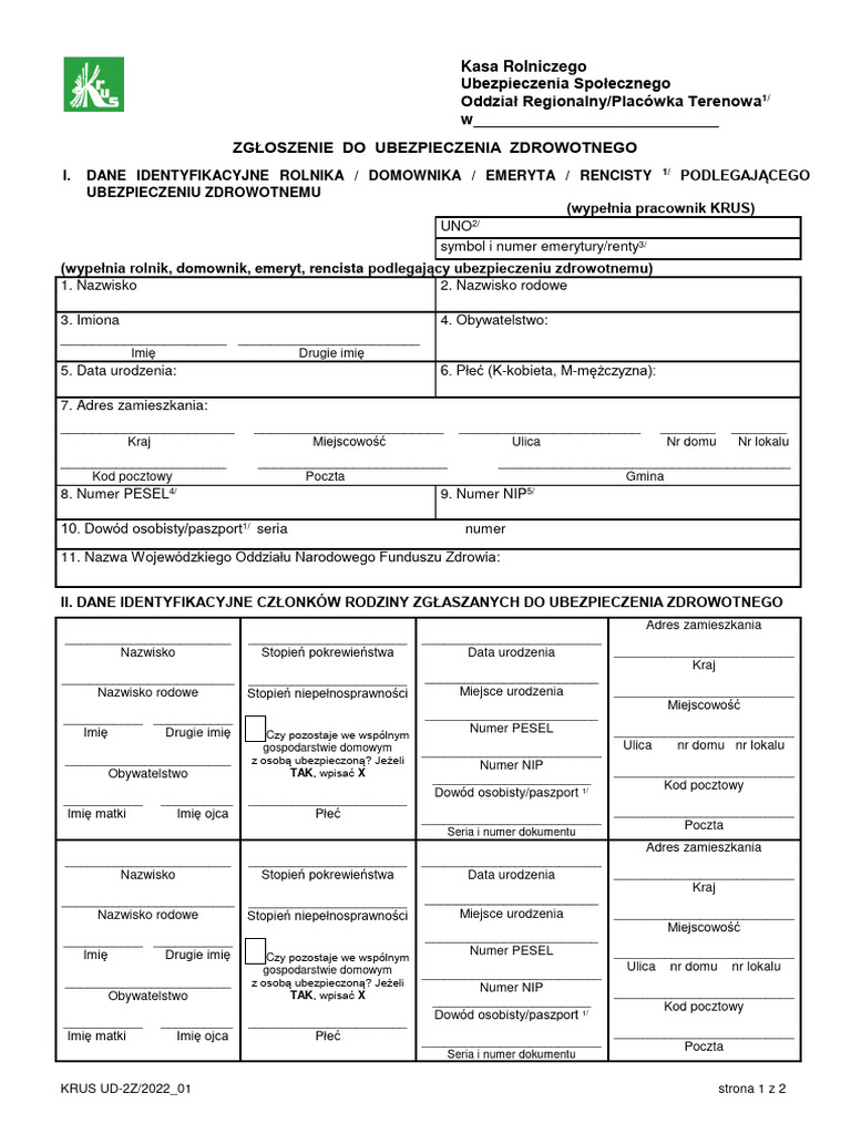 KRUS UD-2Z 2022 01 Zgloszenie Do Ubezpieczenia Zdrowotnego 31 12 21 | PDF