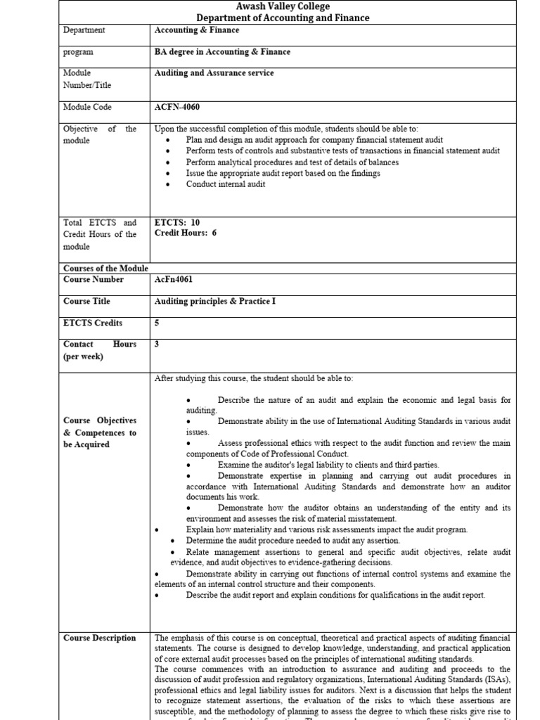 Auditing I Course Outline | PDF | Audit | Financial Audit