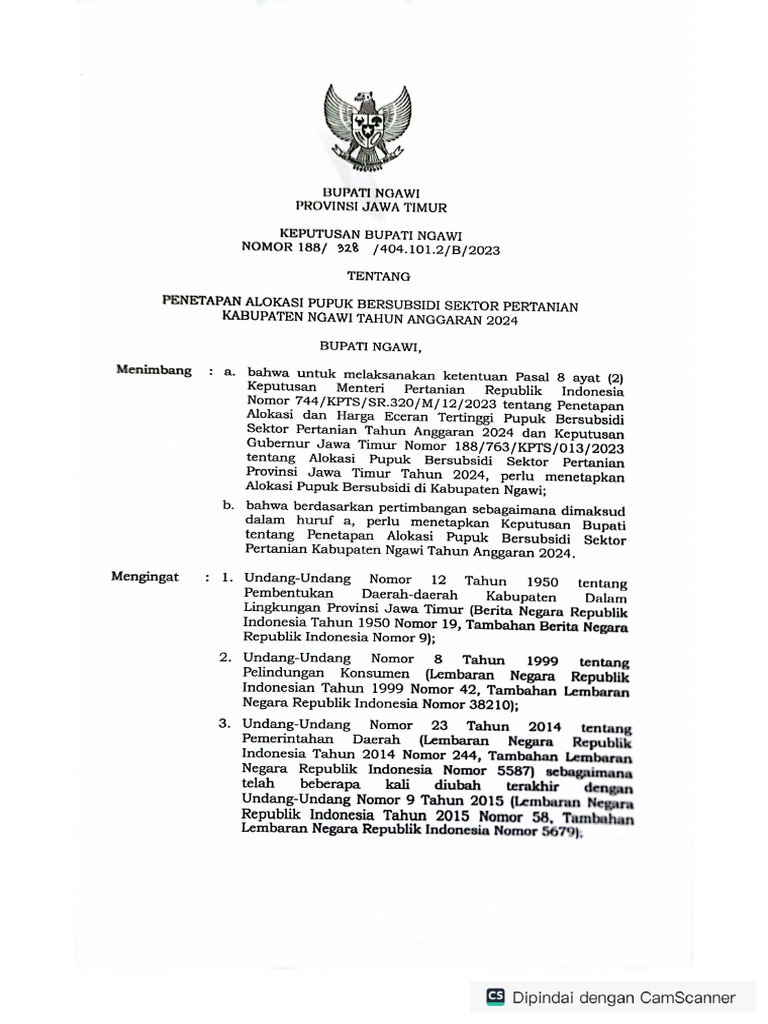 SK Bup No. 328 THN 2023 Alokasi Pusub Kab Ngawi Tahun 2024 | PDF