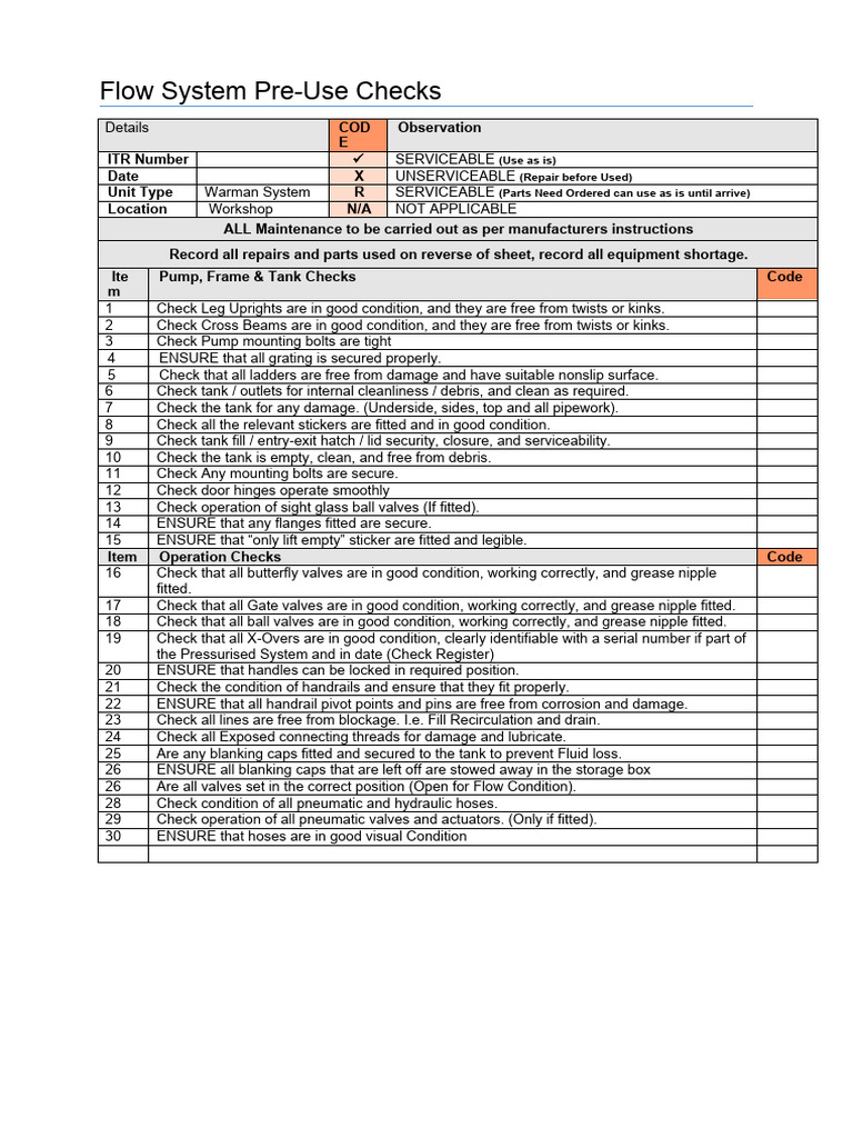 Warman-Flow System Maintenance Checklist | PDF | Valve | Mechanical ...
