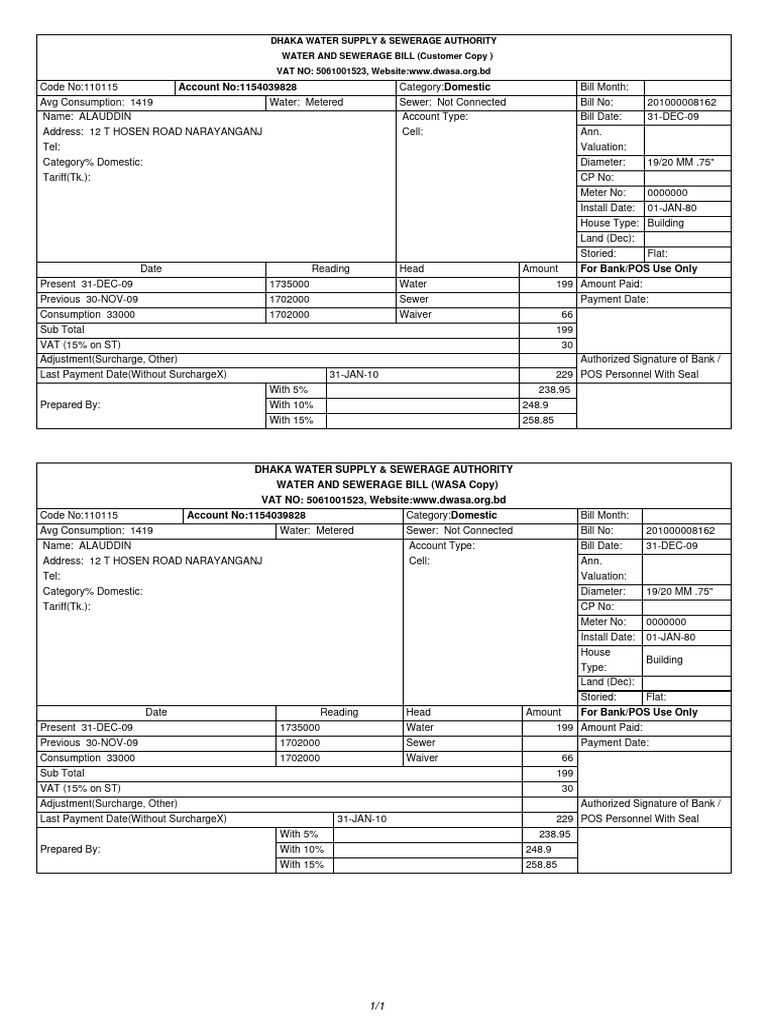Account No:1154039828: Dhaka Water Supply & Sewerage Authority Water and Sewerage Bill (Customer ...