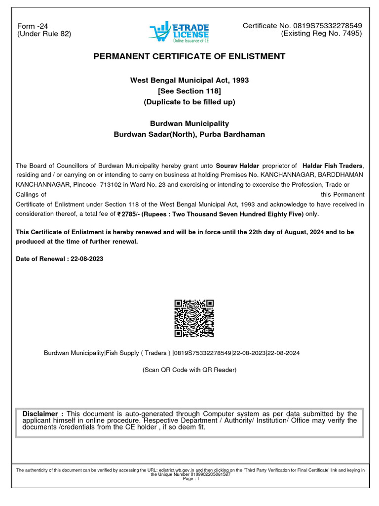 Permanent Certificate of Enlistment: West Bengal Municipal Act, 1993 ...