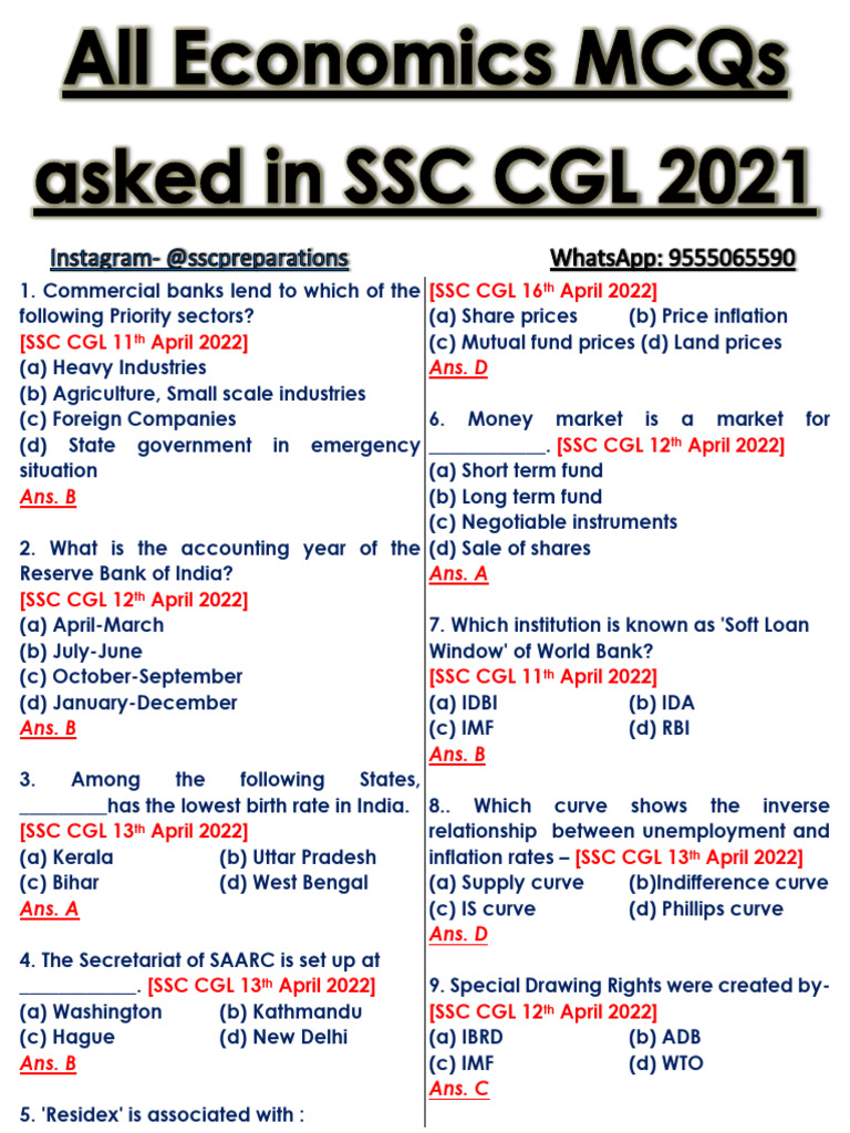 All Economics MCQs Asked in SSC CGL 2021 | PDF | Taxes | Inflation