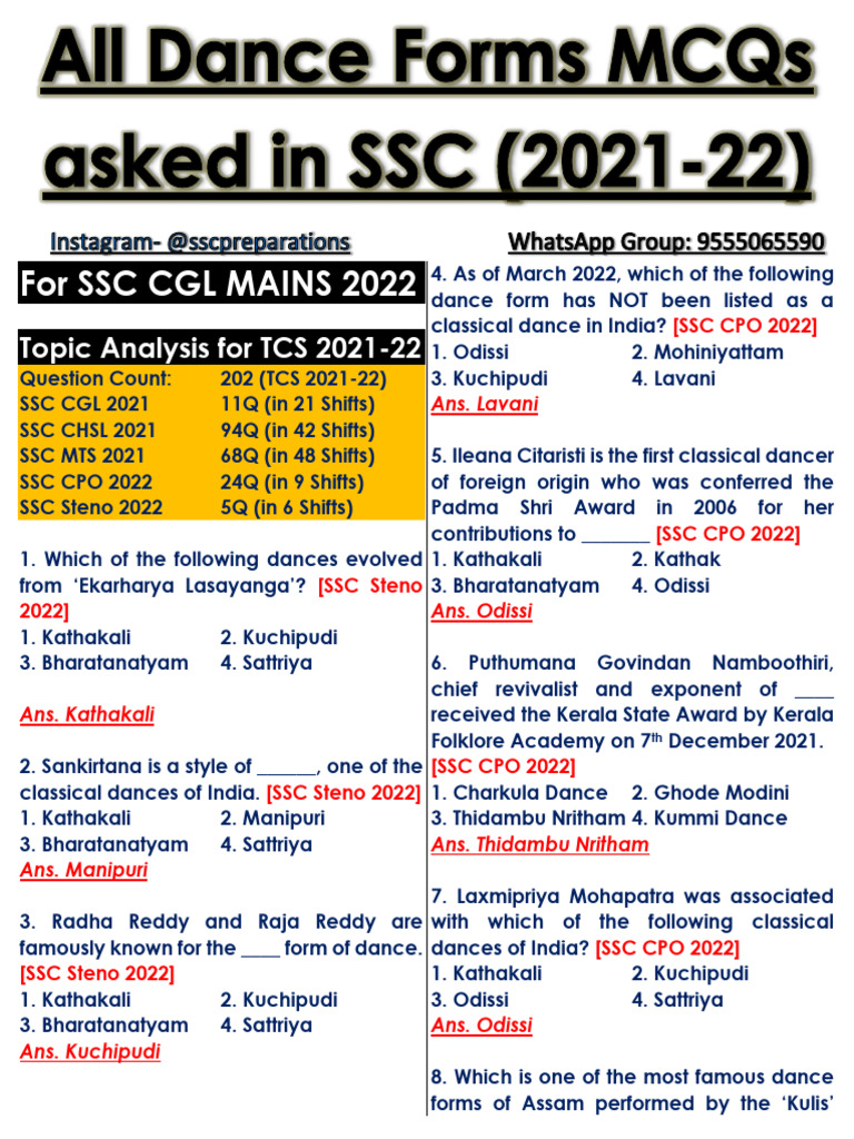 All Dance Forms MCQs Asked in SSC (2021-2022) | PDF | Performing Arts | Concert Dance