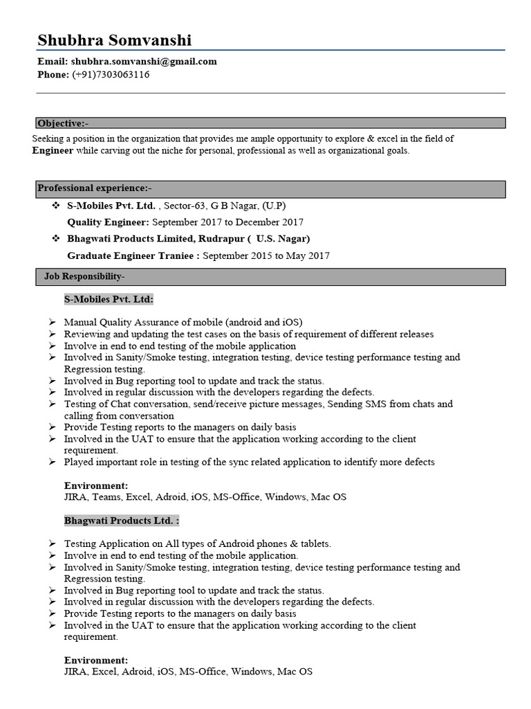 0 - Shubhra - Quality Engineer 1 | PDF | Microsoft Office | Android (Operating System)