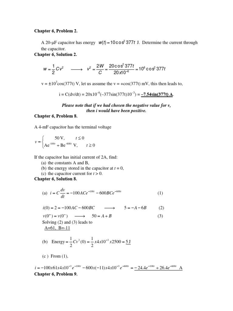 Chapter 6 Problem 2 A 20 F Capacitor Has Energy 10cos 377 | PDF | Electrical Network | Capacitor