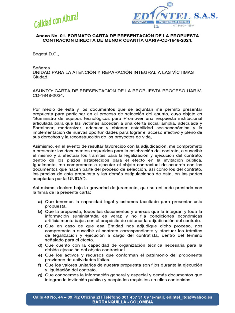 1 - Anexo 01 - Formato Carta de Presentación de La Propuesta | PDF